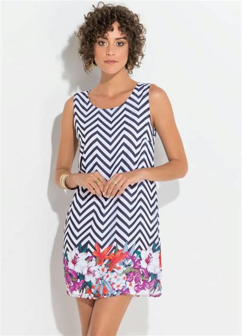 Vestido Quintess Zig Zag E Floral Trapézio Quintess