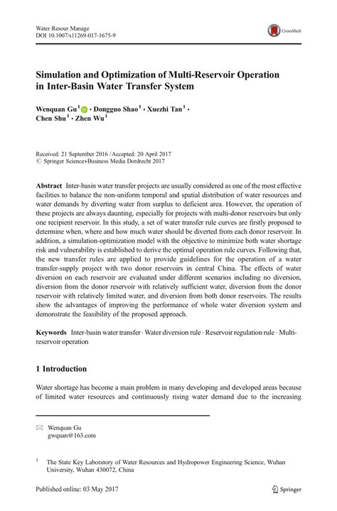 Pdf Simulation And Optimization Of Multi Reservoir Operation In Inter Basin Water Transfer System