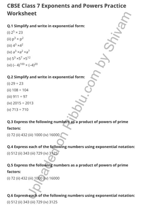 CBSE Class 7 Exponents And Powers Worksheets