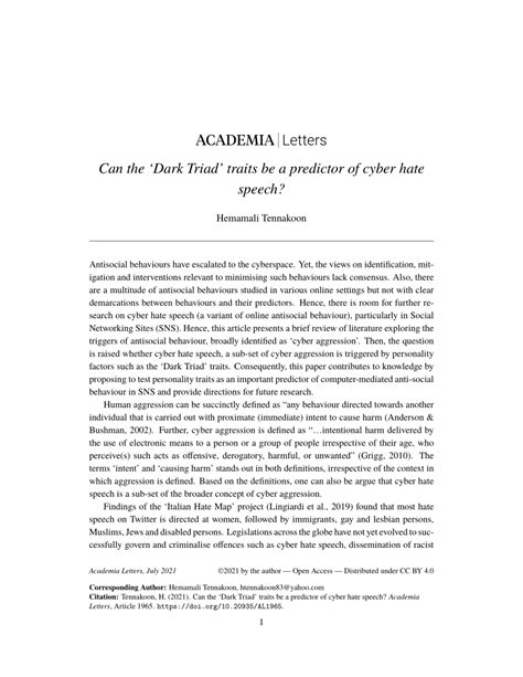 Pdf Can The ‘dark Triad Traits Be A Predictor Of Cyber Hate Speech