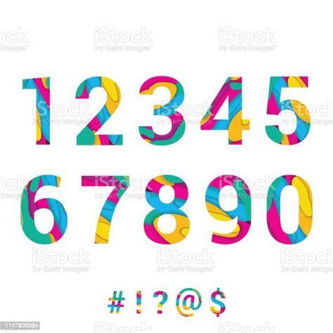 종이 절단 번호 및 기호 사실적인 3d 멀티 레이어 종이 컷 효과 알파벳 문자 글꼴의 그림입니다 비 비드 한 컬러로 액체 잉크 액 효과 0명에 대한 스톡 벡터 아트 및 기타