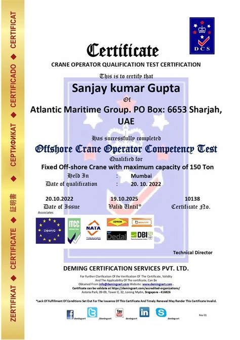Offshore Crane Operator As Per Iso 9038 Competency Test Certificate At