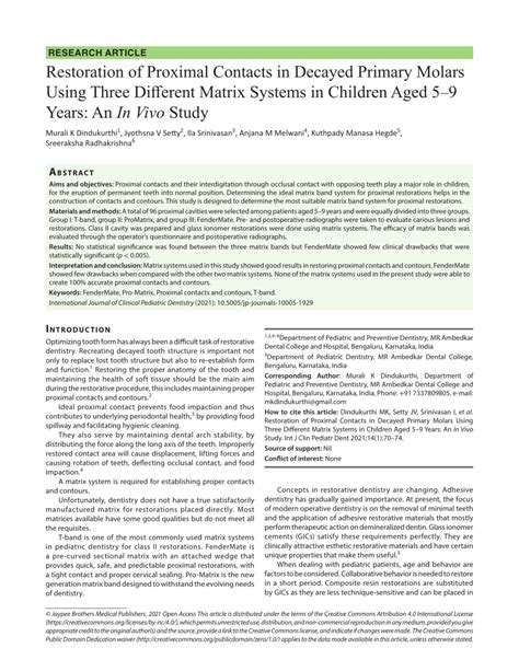 Pdf Restoration Of Proximal Contacts In Decayed Primary Molars Using