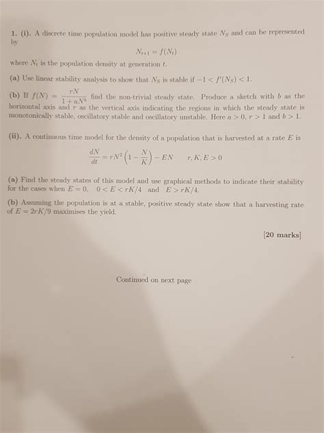 Solved 1 I A Discrete Time Population Model Has Positive