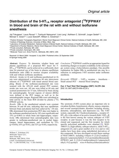 Pdf Distribution Of The 5 Ht1a Receptor Antagonist [18f]fpway In
