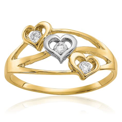 10k Solid Yellow Gold Triple Heart 3 Stone Cubic Zirconia Cz Ring