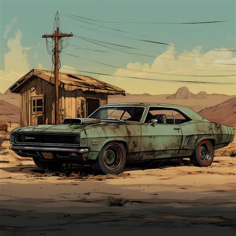 Premium AI Image Sketch Of A Postapocalyptic Muscle Car Side View
