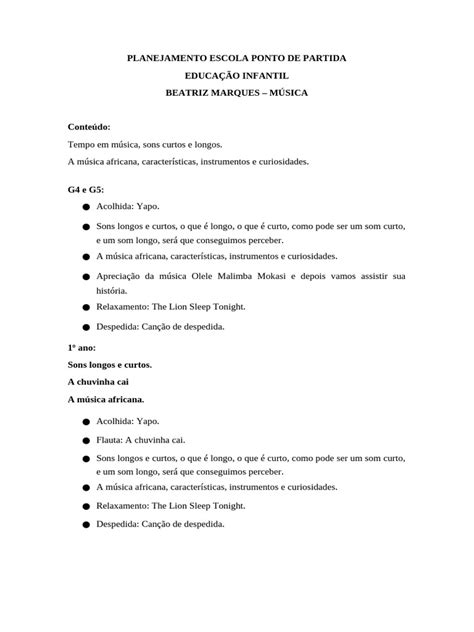 Planejamento Fantil Escola Ponto De Partida Pdf