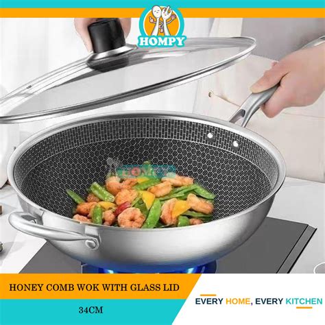 Non Stick Wok Stainless Steel Kuali Honey Comb No Coating Wok Honey