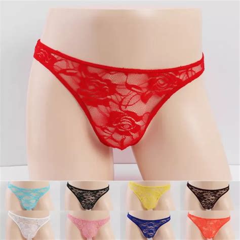 Mens Sexy Low Waist Lace Thong Underwear With Pouch In Orangeblue