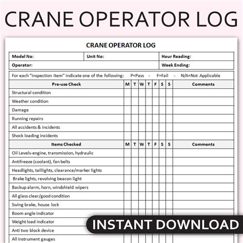 Crane Operator Log Book Mobile Crane Daily Inspection