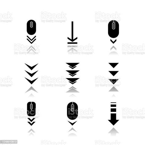 아래로 스크롤하여 그림자 검정 색 아이콘 세트를 놓습니다 인터넷 페이지 브라우징 및 다운로드 지표 웹 커서 화살촉이 있는 Pc