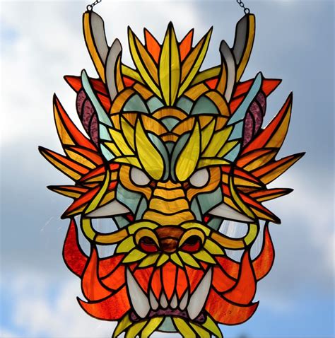 Chinese Dragon Stained Glass Panel Window Hanging Suncatcher Etsy