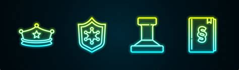 코 케이드 배지 우표 및 법률 책으로 경찰 모자를 설정하십시오 빛나는 네온 아이콘입니다 벡터 아이콘에 대한 스톡 벡터 아트 및 기타 이미지 Istock