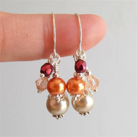 Orange And Burgundy Bridesmaid Earrings Beaded Pearl Cluster Dangles