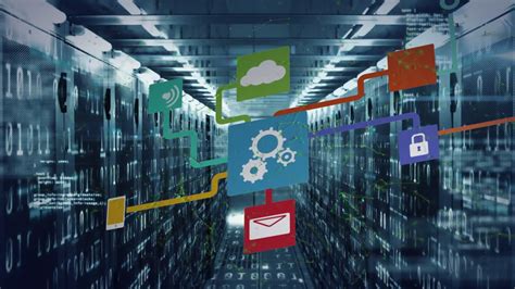 Digital Data Center With Flowchart Of Networking Icons