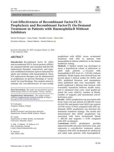 Pdf Cost Effectiveness Of Recombinant Factor Ix Fc Prophylaxis And