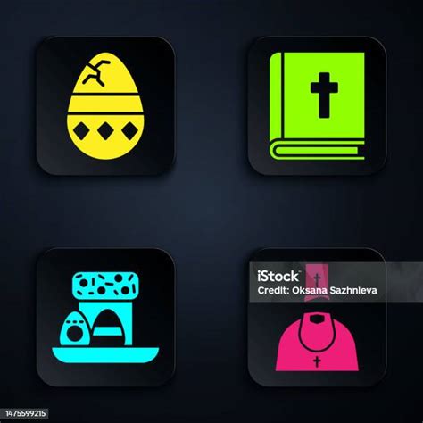 세트 사제 금이 간 달걀 부활절 케이크와 달걀 성경 책 블랙 스퀘어 버튼 벡터 검은색에 대한 스톡 벡터 아트 및 기타 이미지 검은색 공휴일 교회 Istock