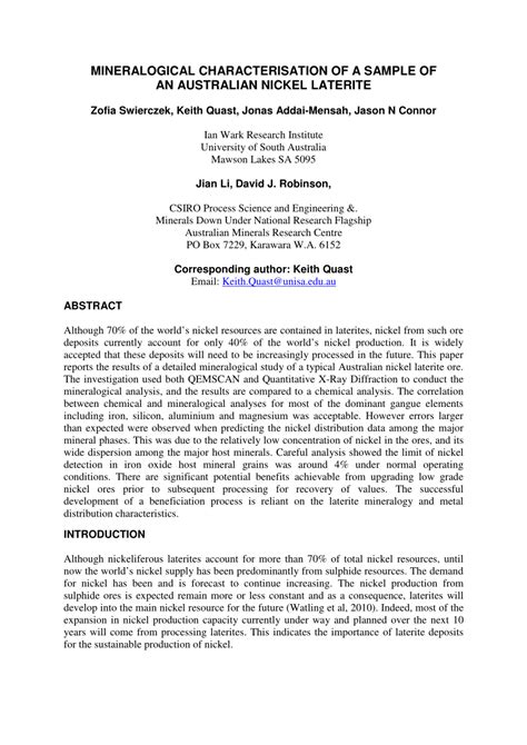 Pdf Mineralogical Characterisation Of A Sample Of An Australian