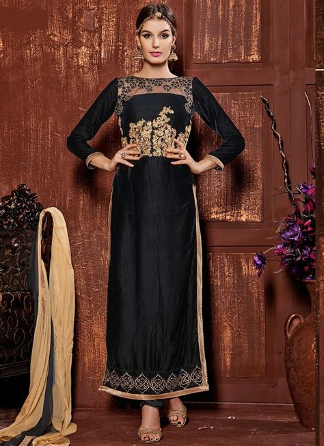 Fabulose Black Velvet Churidar Salwar Kameez Designer Salwar