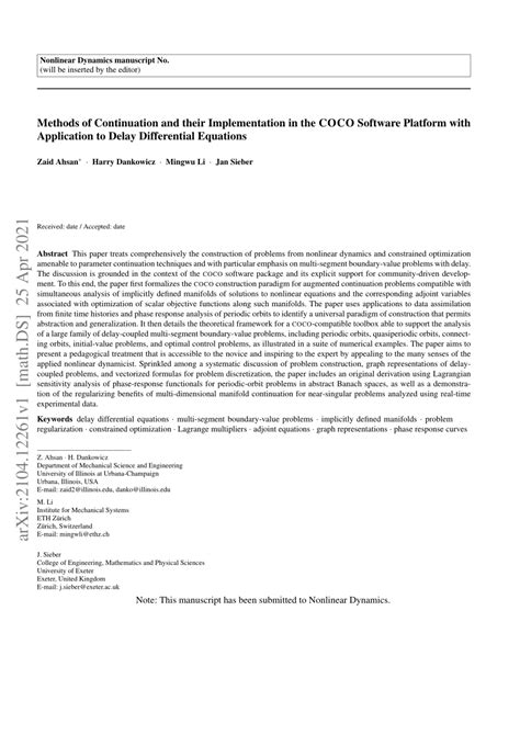 Pdf Methods Of Continuation And Their Implementation In The Coco Software Platform With