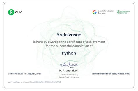 Srinivasan B On Linkedin Python Guvi Certification Programming