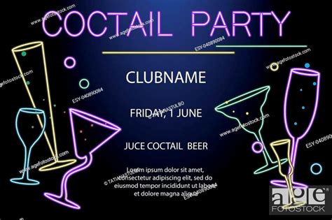 Flyer For Night Cocktail Party Neon Sign Bright Alcoholic Signboard