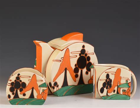 Clarice Cliff Trees And House Stamford Trio C 1931