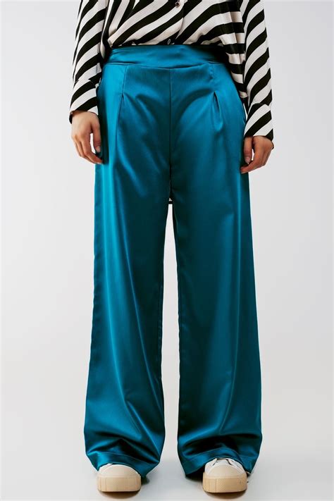 Wide Leg Satin Pants In Blue In 2024 Satin Pants Pants For Women