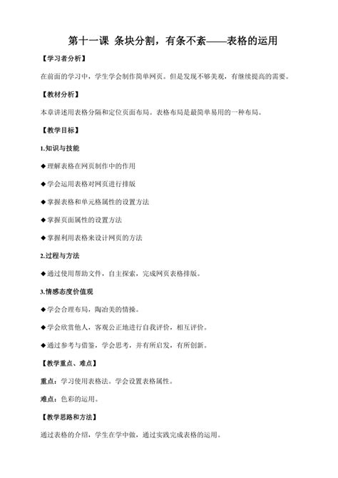 信息技术 浙教版广西、宁波信息技术七年级下册 第十一课 条块分割，有条不紊—表格的运用 教学设计 教案下载预览 二一课件通
