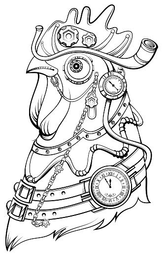 หัวไก่ Steampunk สไตล์สัญลักษณ์ของเวลา สมุดระบายสี ภาพประกอบสต็อก