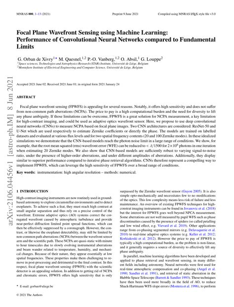 Pdf Focal Plane Wavefront Sensing Using Machine Learning Performance Of Convolutional Neural
