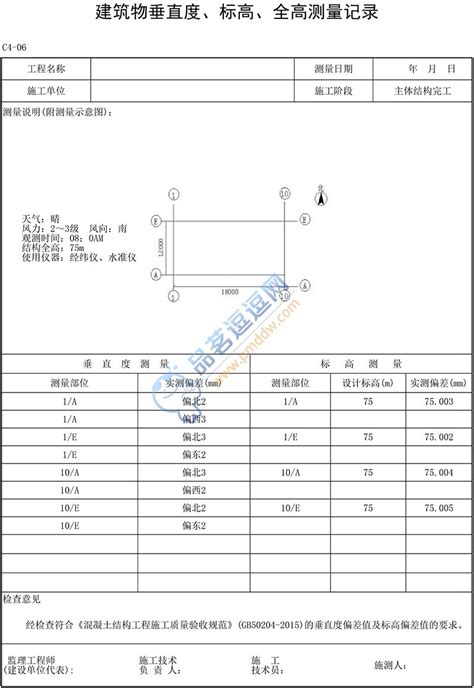 【c4 施工测量记录】c4 06 建筑物垂直度、标高、全高测量记录 品茗逗逗网 品茗施工软件服务平台