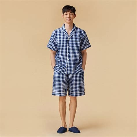 Jaju자주 남 50수 코튼 시어서커 네모 체크 5부 파자마상하세트 Sivillage 에스아이빌리지