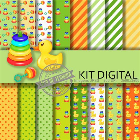 Papel Digital Verde Laranja Branco Brinquedos Antigos Elo