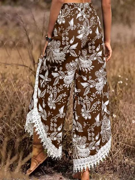 Boho Paisley Print Tassels Hem Pants Flowy Wide Leg Palazzo Temu