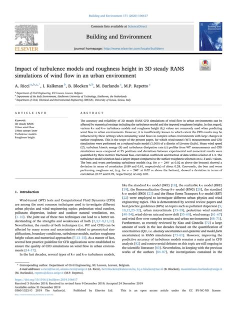 Pdf Impact Of Turbulence Models And Roughness Height In 3d Steady Rans Simulations Of Wind