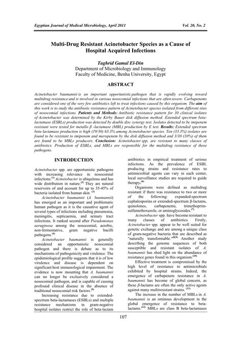 Pdf Multi Drug Resistant Acinetobacter Species As A Cause Of Hospital Acquired Infections