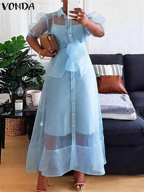 Plus Size 5xl Vonda 2023 Summer Long Dress Women Bohemian Short Puff