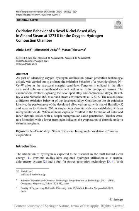 Pdf Oxidation Behavior Of A Novel Nickel Based Alloy In Air And Steam At 1273 K For The Oxygen