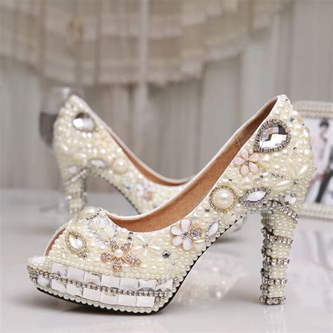 Fashion 4 Inches Heel Ivory Pearl Dress Shoes Peep Toe Women Rhinestone