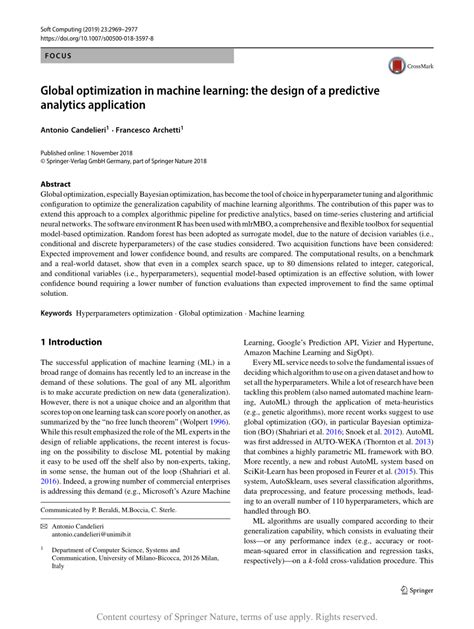 Global Optimization In Machine Learning The Design Of A Predictive Analytics Application
