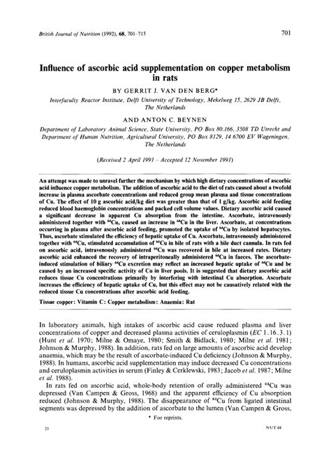 Pdf Influence Of Ascorbic Acid Supplementation On Copper Metabolism
