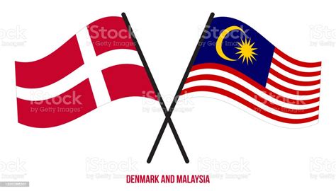 デンマークとマレーシアの旗は交差しフラットスタイルを振る公式プロポーション正しい色 アイコンのベクターアート素材や画像を多数ご用意