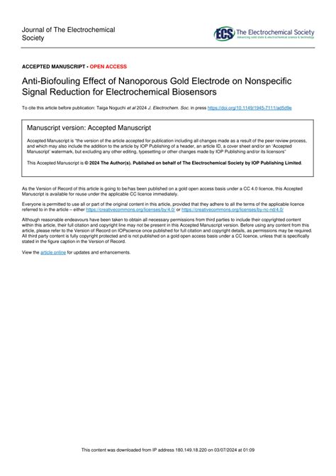 Pdf Anti Biofouling Effect Of Nanoporous Gold Electrode On