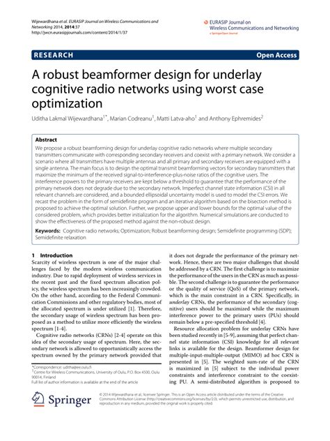 Pdf Robust Beamformer Design For Underlay Cognitive Radio Network Using Worst Case Optimization