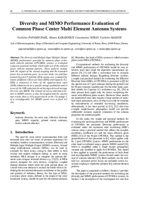 Pdf Diversity And Mimo Performance Evaluation Of Compact Multi Element Antennas With Common