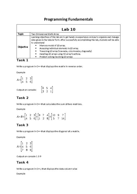 Pf Lab 10 Lab Programming Fundamentals Lab 10 Topic Two Dimensional