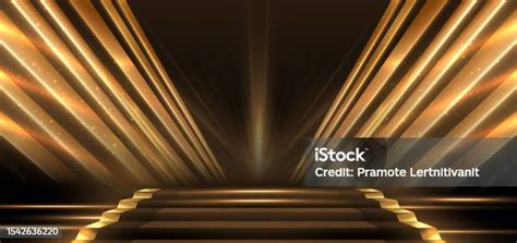 조명 효과와 함께 빛나는 우아한 황금 무대 대각선이 검은 배경에 반짝입니다 템플릿 프리미엄 어워드 디자인 검은색에 대한 스톡 벡터 아트 및 기타 이미지 Istock