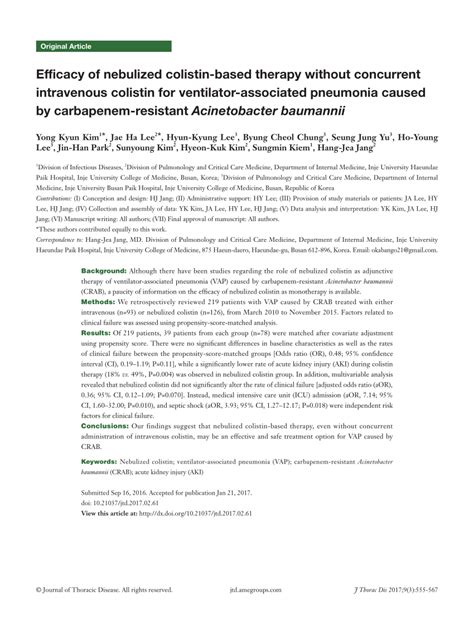 Pdf Efficacy Of Nebulized Colistin Based Therapy Without Concurrent Intravenous Colistin For